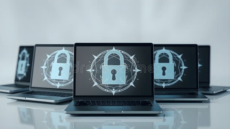 A Row of Laptops with a Blue Lock on the Screen Stock Illustration ...