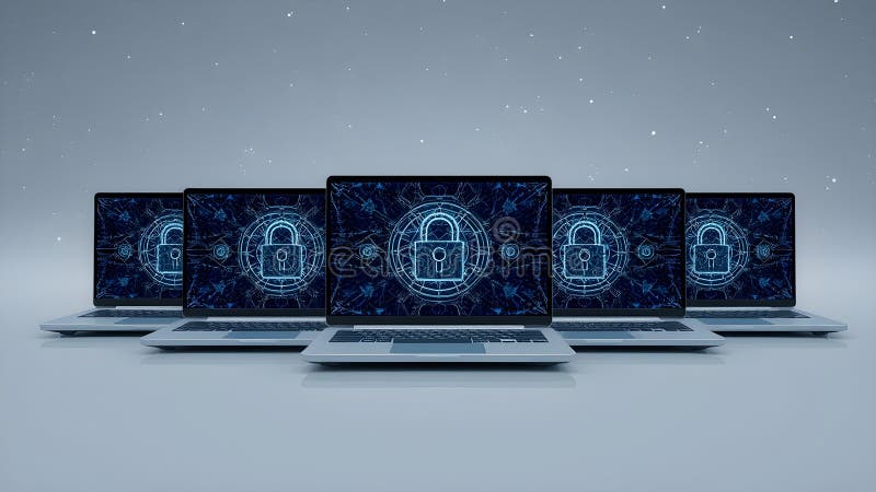 A Row of Laptops with a Blue Lock Symbol on the Screen Stock ...