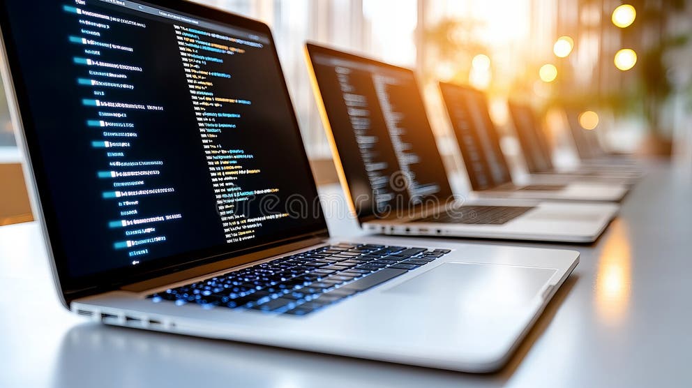 Row of Laptops with Coding Screens in Modern Office Stock Illustration ...