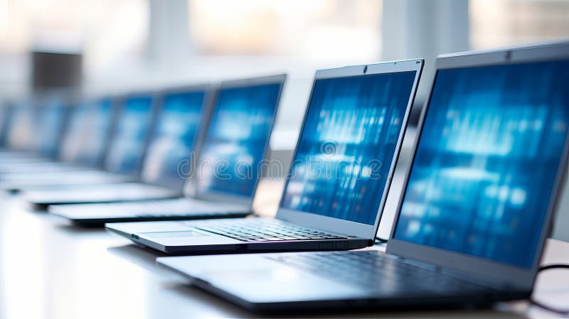 A Row of Laptops Displaying Digital Screens in a Modern Office ...