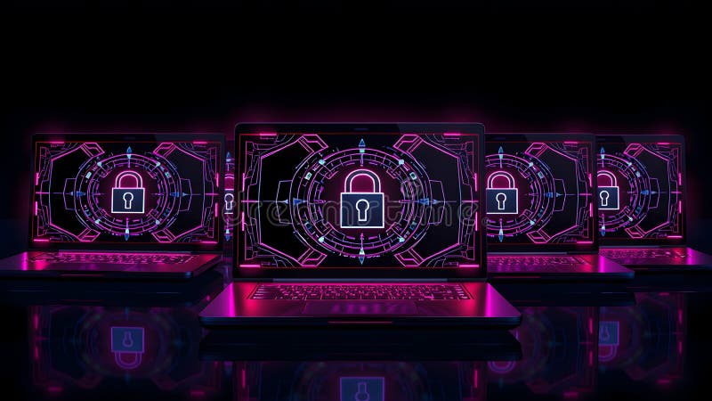 A Row of Laptops with a Security Lock on the Screen Stock Illustration ...