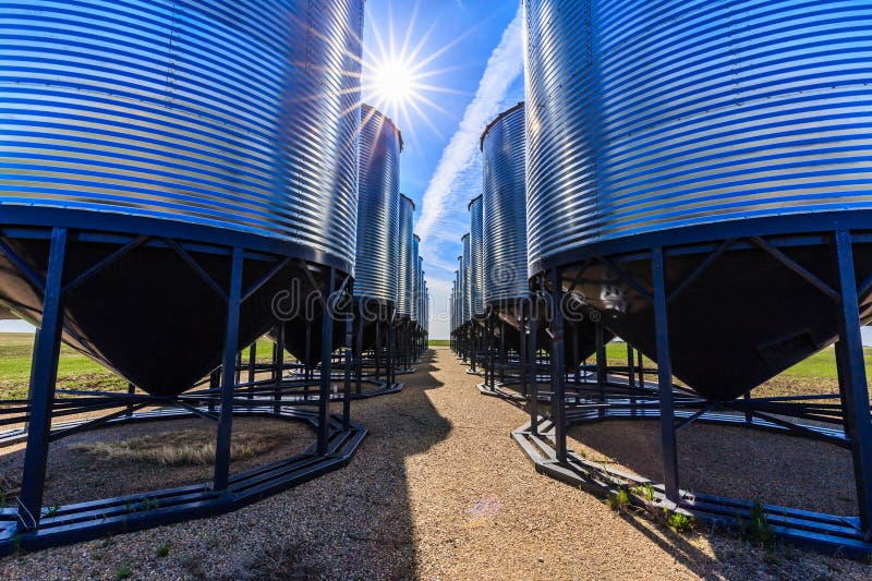 A Row of Large Metal Tanks are Lined Up in a Field Stock Photo - Image ...