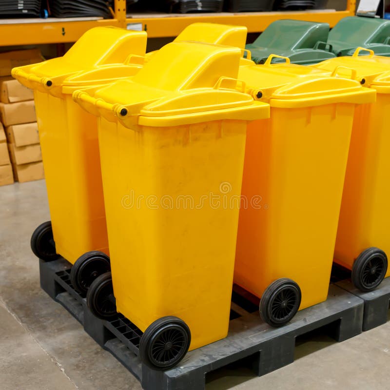 Row of Large Yellow Wheelie Bins for Rubbish Stock Image - Image of ...