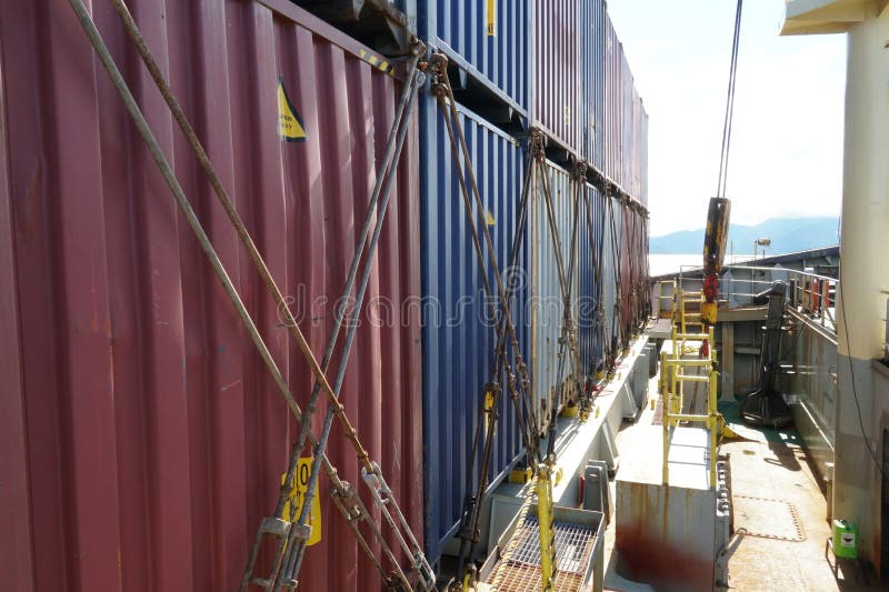 Row of Lashed Containers in a Line with Bars and Twist Locks Situated ...