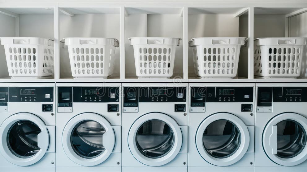 A Row of Laundry Machines with Baskets on Top and a Shelf Below, AI ...