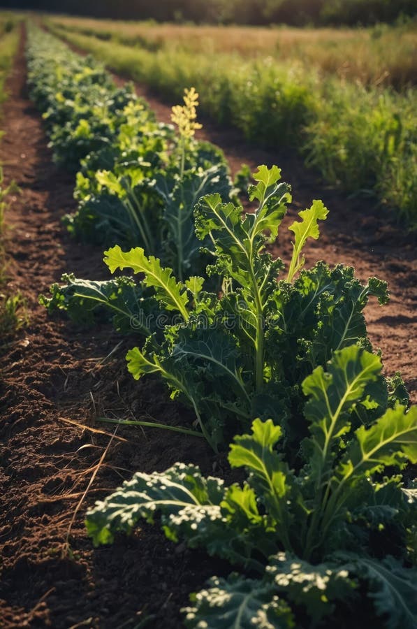 Lush Kale Plants Growing in a Farm Field at Sunset Stock Illustration ...