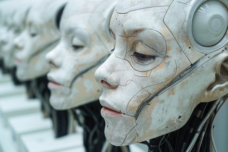Row of Lifelike Android Faces Undergoing Assembly in High-Tech Robotics ...