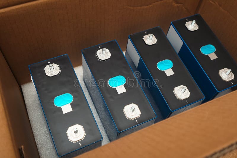 Row of LiFePo4 Cells in Cardboard Box. Prismatic Modules for Lithium ...