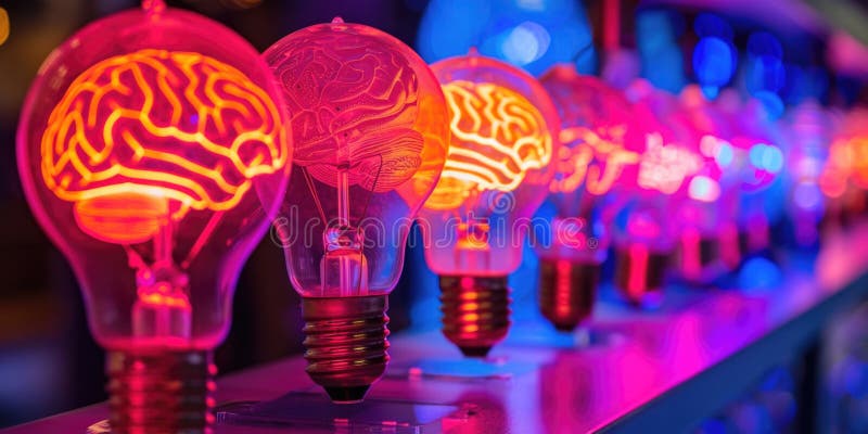 A Row of Light Bulbs, Each Containing a Glowing Brain, Stand in a Line ...
