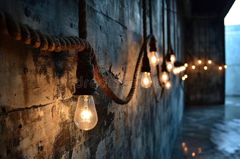 A Row of Light Bulbs Hanging on a Rope on a Concrete Wall. Generated by ...
