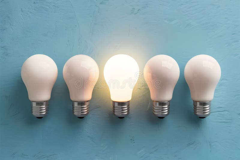 Row of Light Bulbs on Light Blue Background, One Glowing Brighter Stock ...
