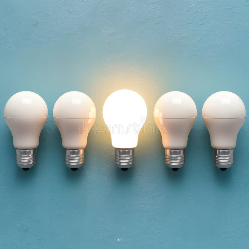 Row of Light Bulbs on Light Blue Background, One Glowing Brighter Stock ...