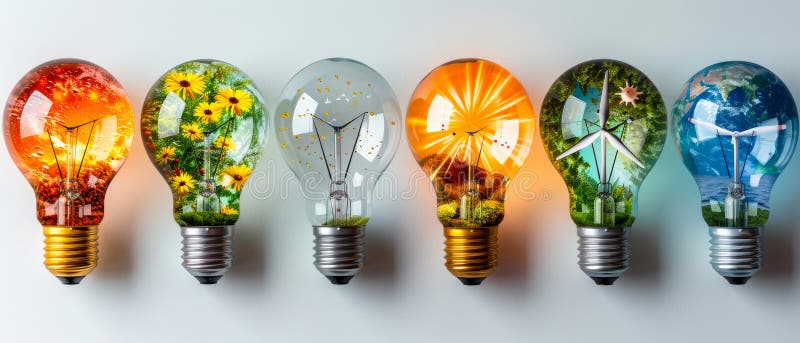 Row of Lightbulbs with Different Images Inside. a Set of Light Bulbs ...