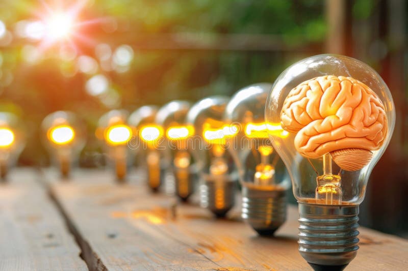 A Row of Lightbulbs on a Wooden Surface, with a Brain Inside One of the ...