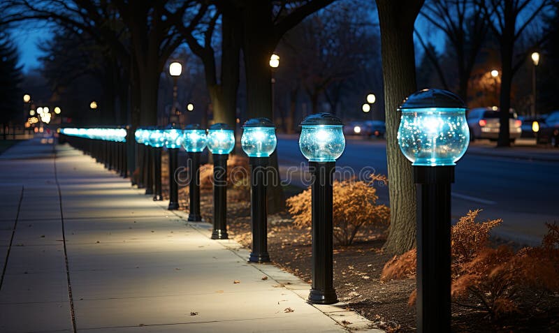 Row of Lights Along Roadside Stock Photo - Image of posts, cityscape ...