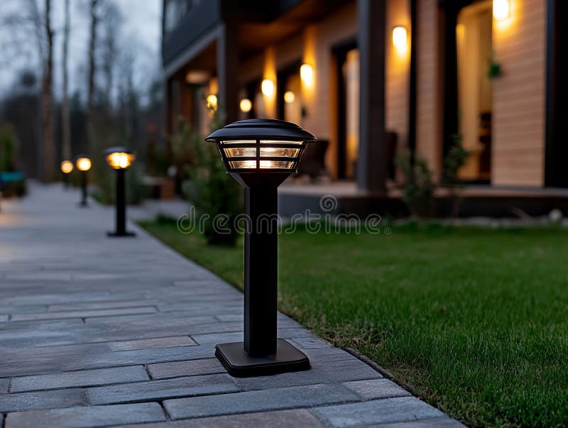 A Row of Lights on a Sidewalk in Front of a House Stock Photo - Image ...