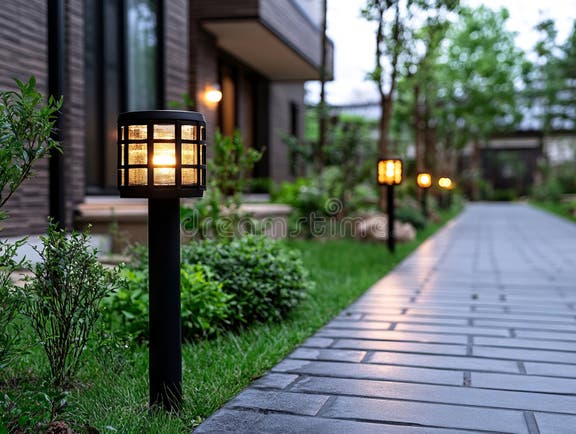 A Row of Lights on a Walkway in Front of a House Stock Image - Image of ...