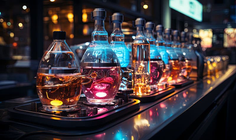 Row of Liquor Bottles on Counter Stock Photo - Image of store ...