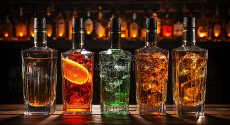 A Row of Liquor Bottles Filled with Different Types of Alcohol ... A Row of Liquor Bottles Filled with Different Types of Alcohol ...