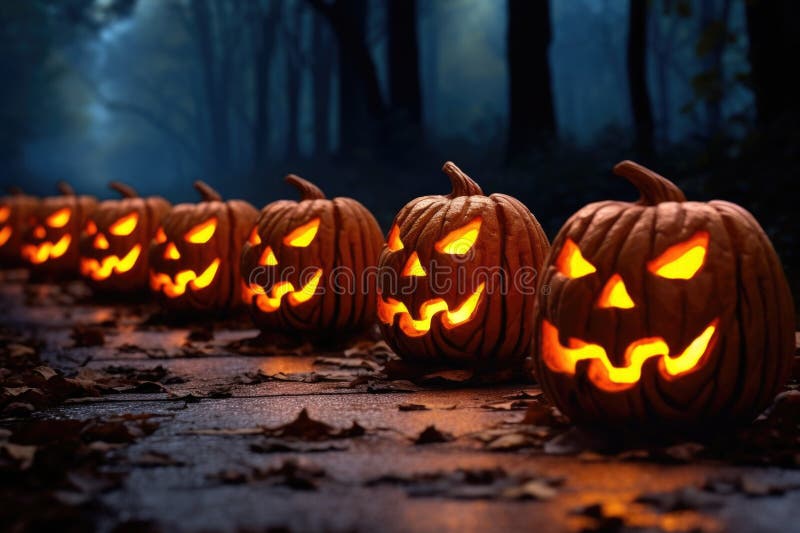 A Row of Lit Jack-o-lanterns at Dark Stock Photo - Image of holiday ...
