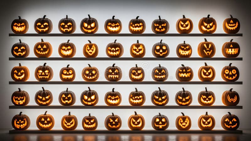 A Row of Lit Jack-o -Lanterns for Halloween Stock Illustration ...