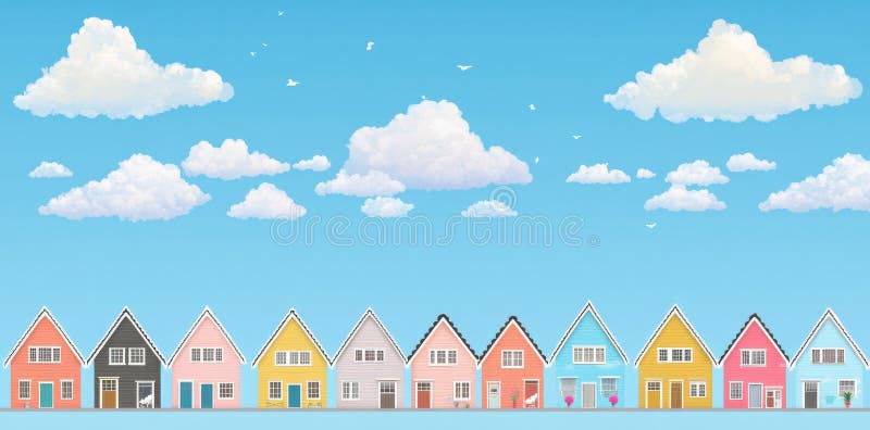 A Row of Lively Cartoon Houses, with Trees and Clouds Set in the ...