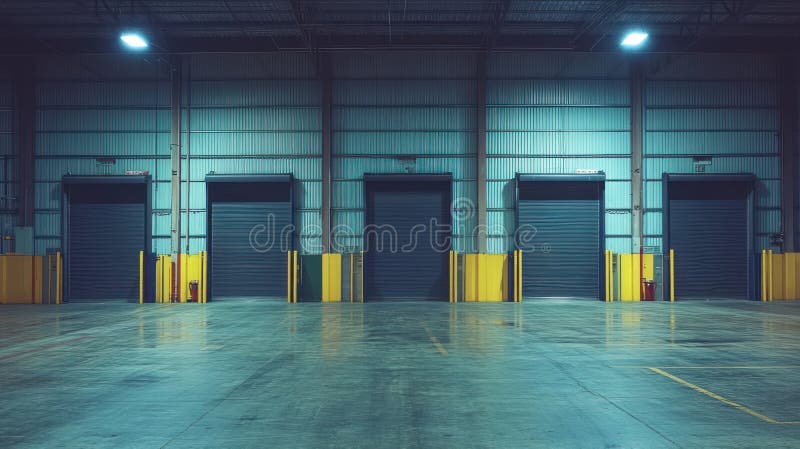 Row of Loading Docks with Closed Gates in Warehouse Interior, Silent ...