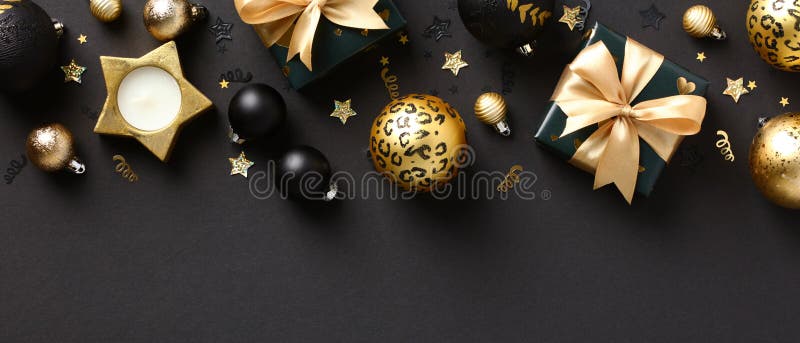 Luxury Christmas Gift Boxes and Decorations on Black Background ...