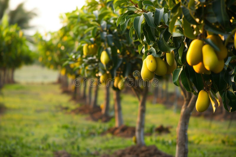 Row of Mango Trees with Hanging Fruit in Daylight Stock Image - Image ...