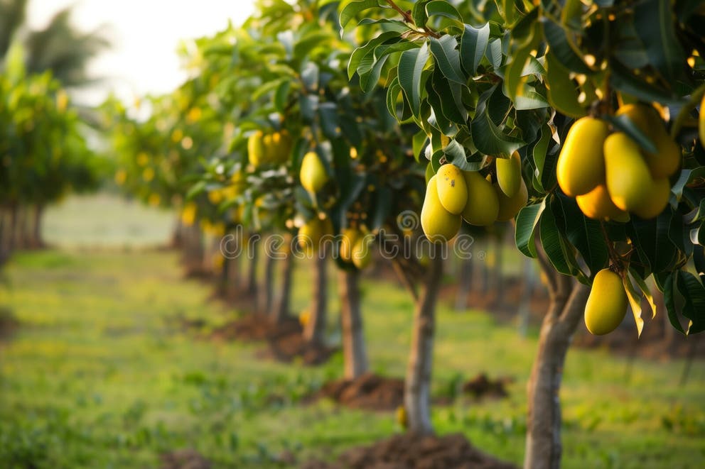 Row of Mango Trees with Hanging Fruit in Daylight Stock Image - Image ...