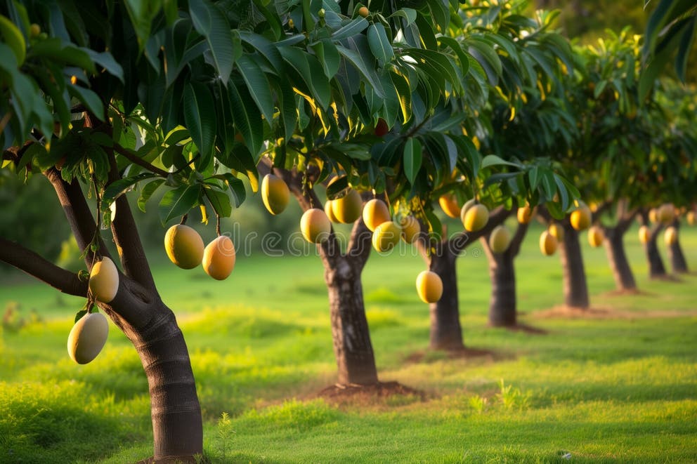 Row of Mango Trees with Hanging Fruit in Daylight Stock Image - Image ...