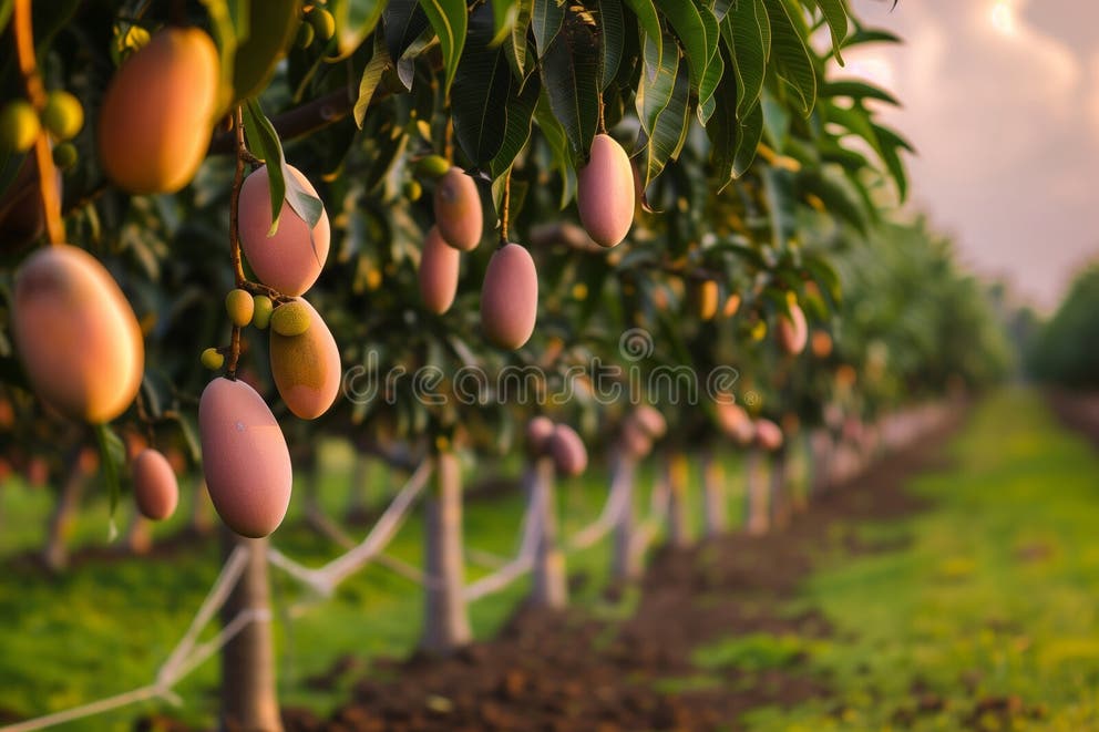 Row of Mango Trees with Hanging Fruit in Daylight Stock Photo - Image ...