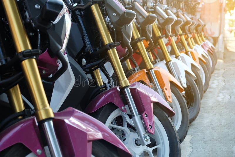 Row of many motorcycle stock image. Image of detail - 118750401