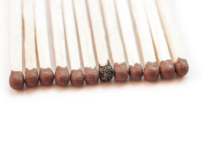 A Row of Matches with One Burnt. Stock Photo - Image of inflammation ...