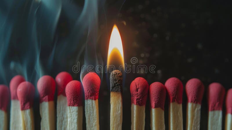 A Row of Matches with One that is Lit Stock Photo - Image of stick ...