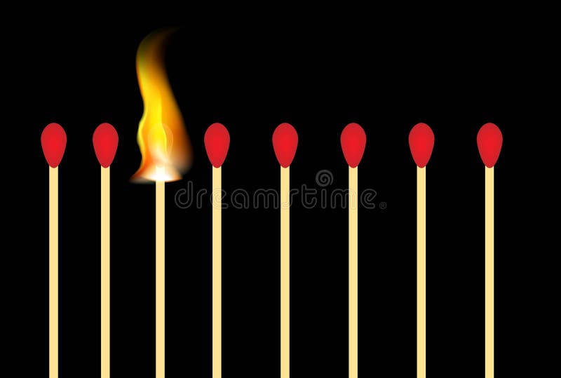 Row of Matches One Match Burning Realistic Fire Stock Vector ...