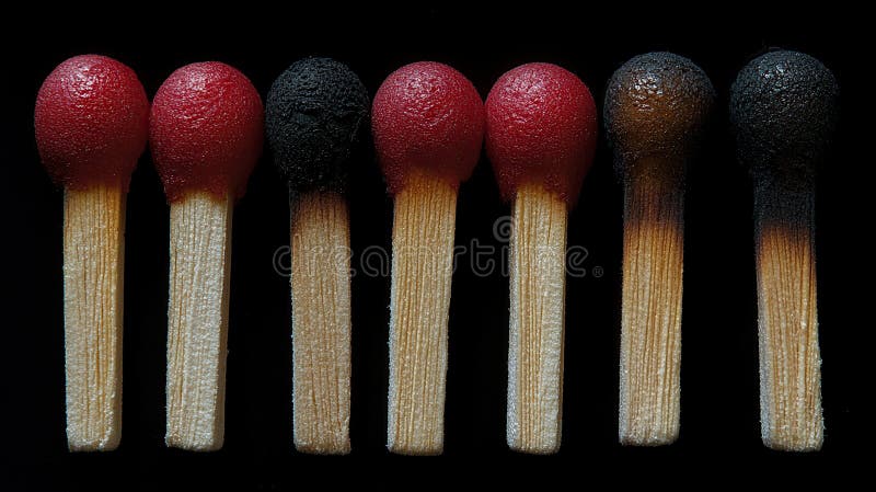Row of Matches, Some Burnt, Some Intact, on Black Background Stock ...