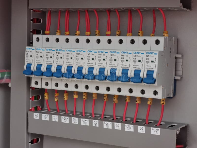 A Row of Mcb Mount on Electrical Switchboard in Factory. Editorial ...