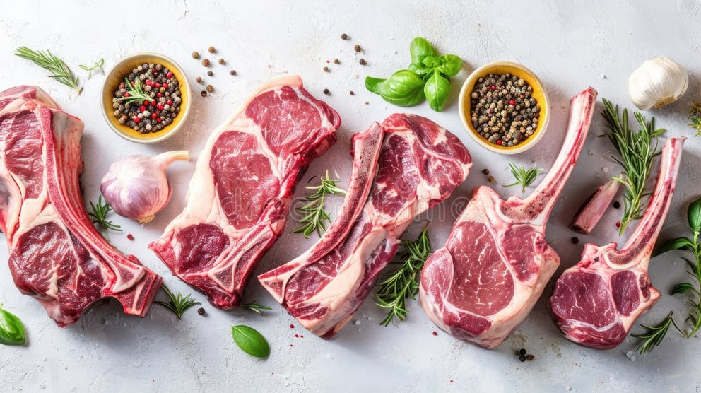 A Row of Meat with Herbs and Spices on a Counter Stock Image - Image of ...