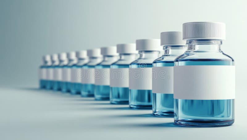 Row of Medical Vials with Blue Liquid for Vaccination or Research on ...