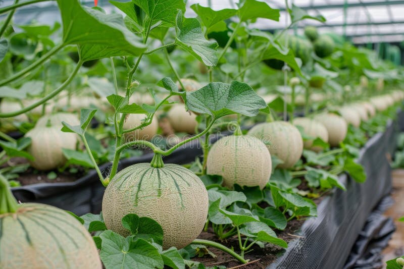 Row of Melons Growing in Containers in a Greenhouse, an Example of ...