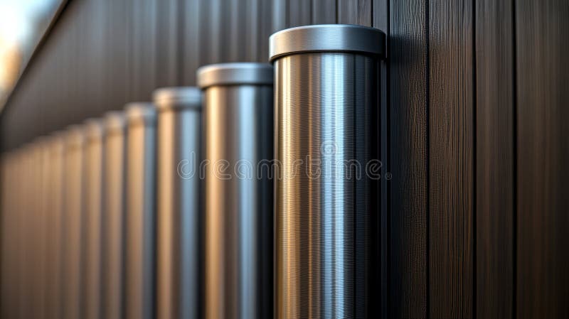Row of Metal Poles Aligned Along a Vertical Slatted Fence. Stock Image ...
