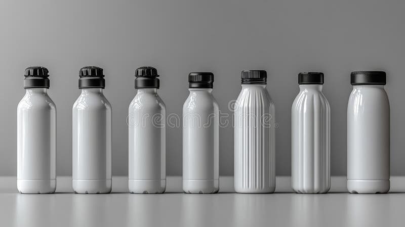 Row of Metallic Bottles with Black Caps in a Studio Generative AI Stock ...