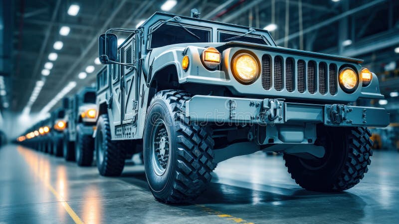 A Row of Military Vehicles Lined Up Inside a Factory, Ready for ...