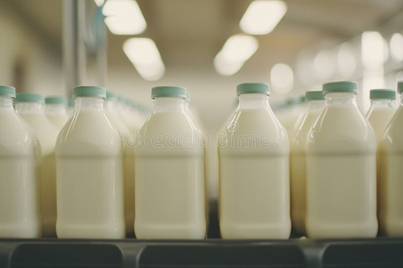 Row of Milk Bottles on a Conveyor Belt in a Dairy Factory Stock Image ...