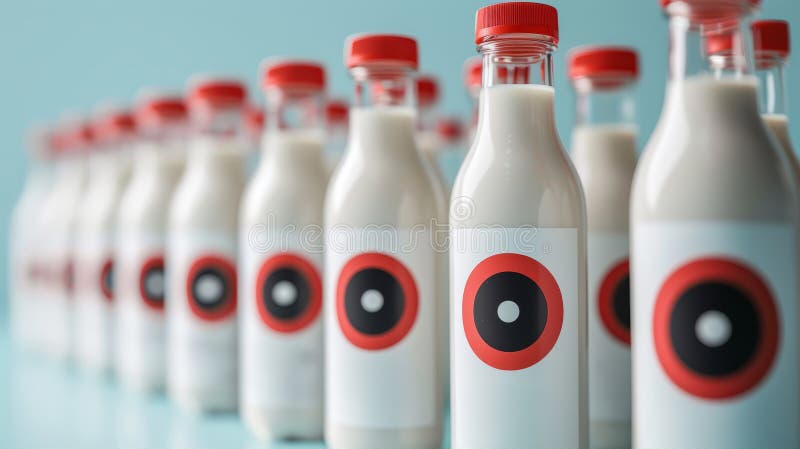 Row of Milk Bottles with Red Caps in Focus, White Labels. Stock ...