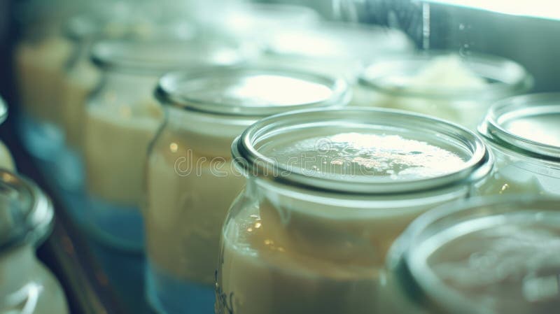 A Row of Milk Jars Sitting on a Kitchen Counter, Ready To Be Used Stock ...