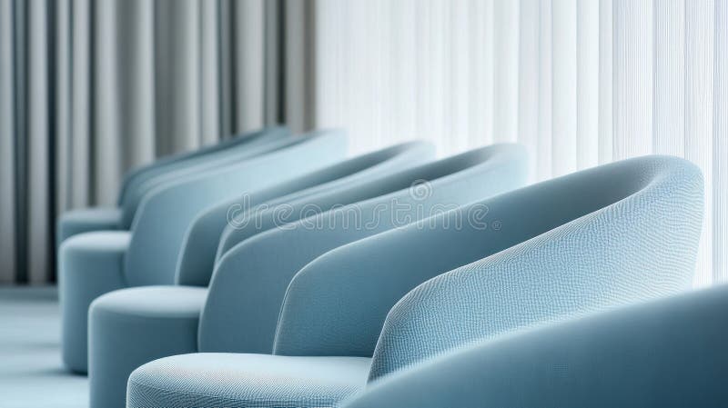 Row of Modern Blue Chairs in Minimalist Interior with Soft Lighting and ...
