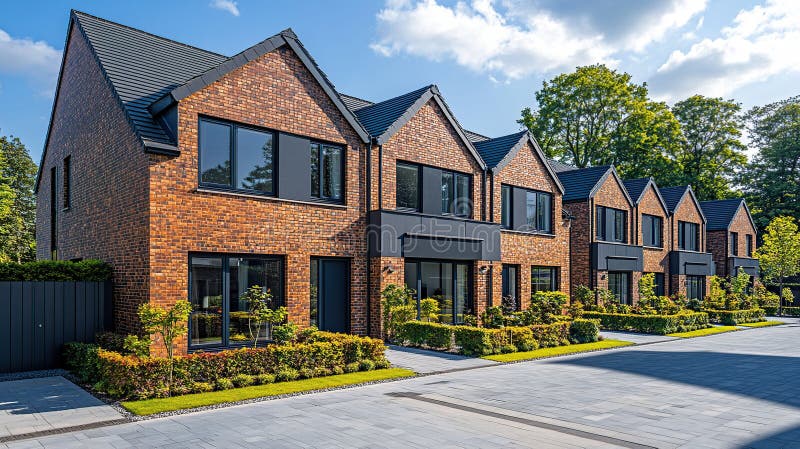 Row of Modern Brick Houses with Black Windows and Front Doors, Green ...