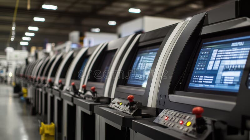 A Row of Modern CNC Machines with Digital Displays and Intricate Ting ...